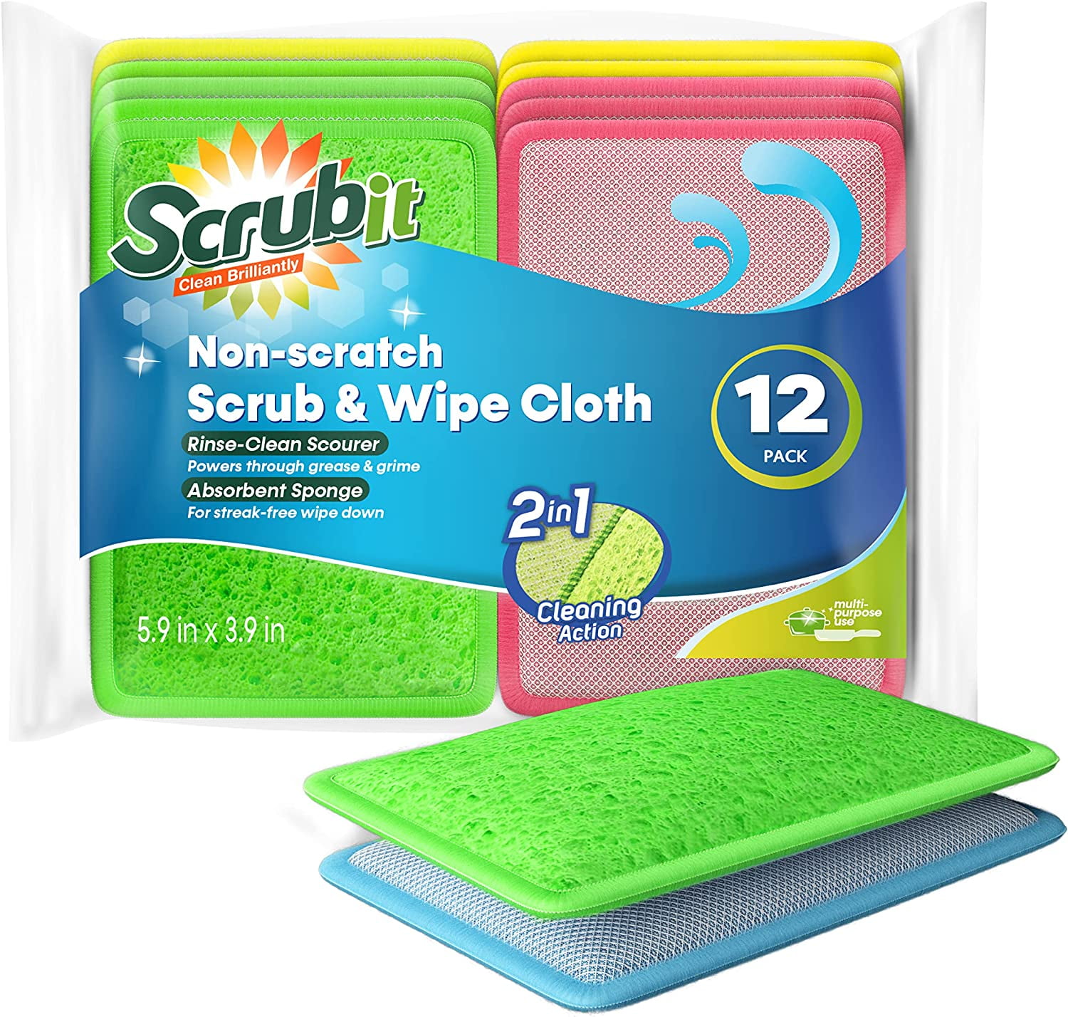 [12 Pack] Scrub and Wipe Cleaning Pads – Dual Sided Scouring Pad and ...