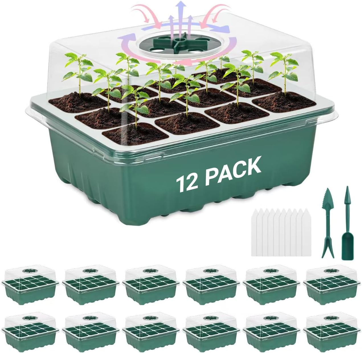 12 Pack Seed Starter Tray Seed Starter Kit with Humidity Dome,(144 Cells Total Tray) Seed ...