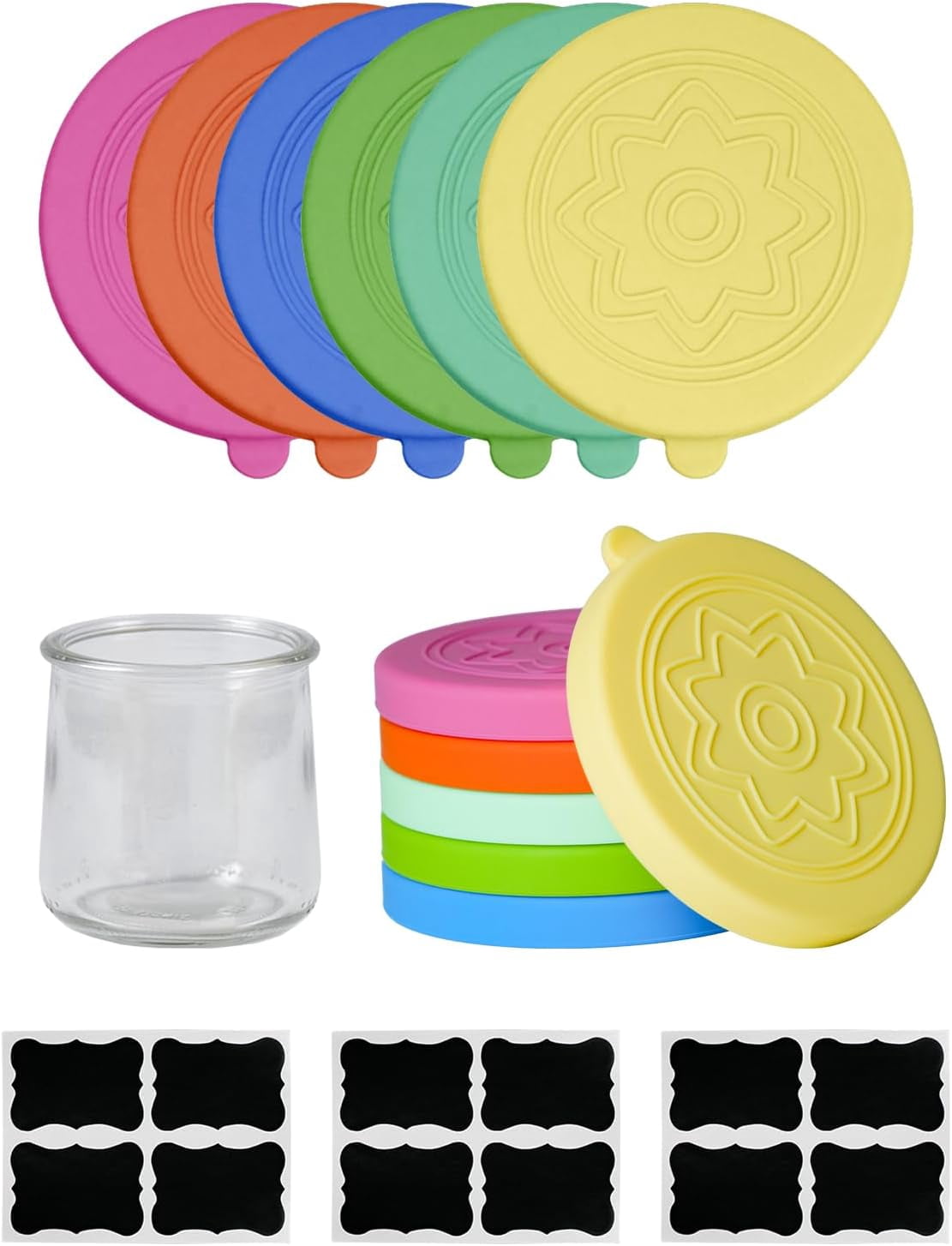 12 Pack Silicone Oui Yogurt Jar Lids with 12 Labels, Food-Grade Lids ...