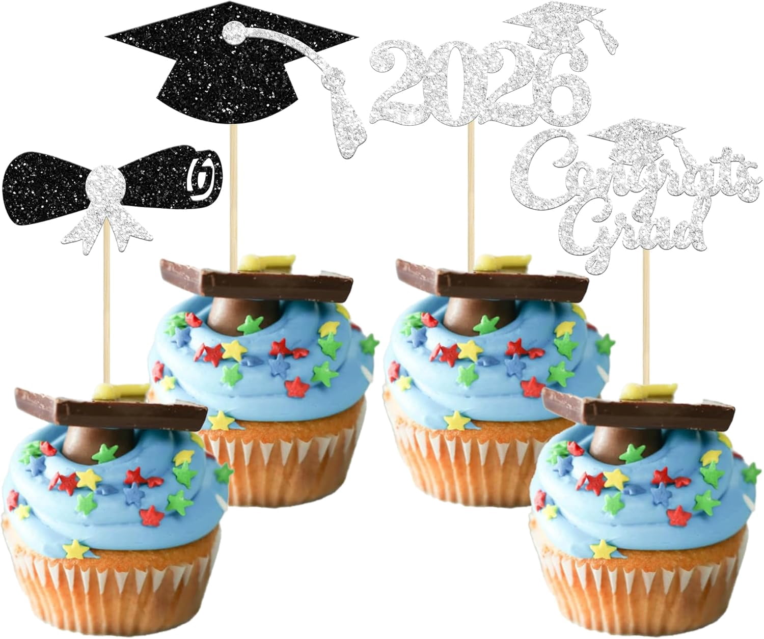 12 Pack Silver & Black Glitter 2026 Graduation Cupcake Toppers ...