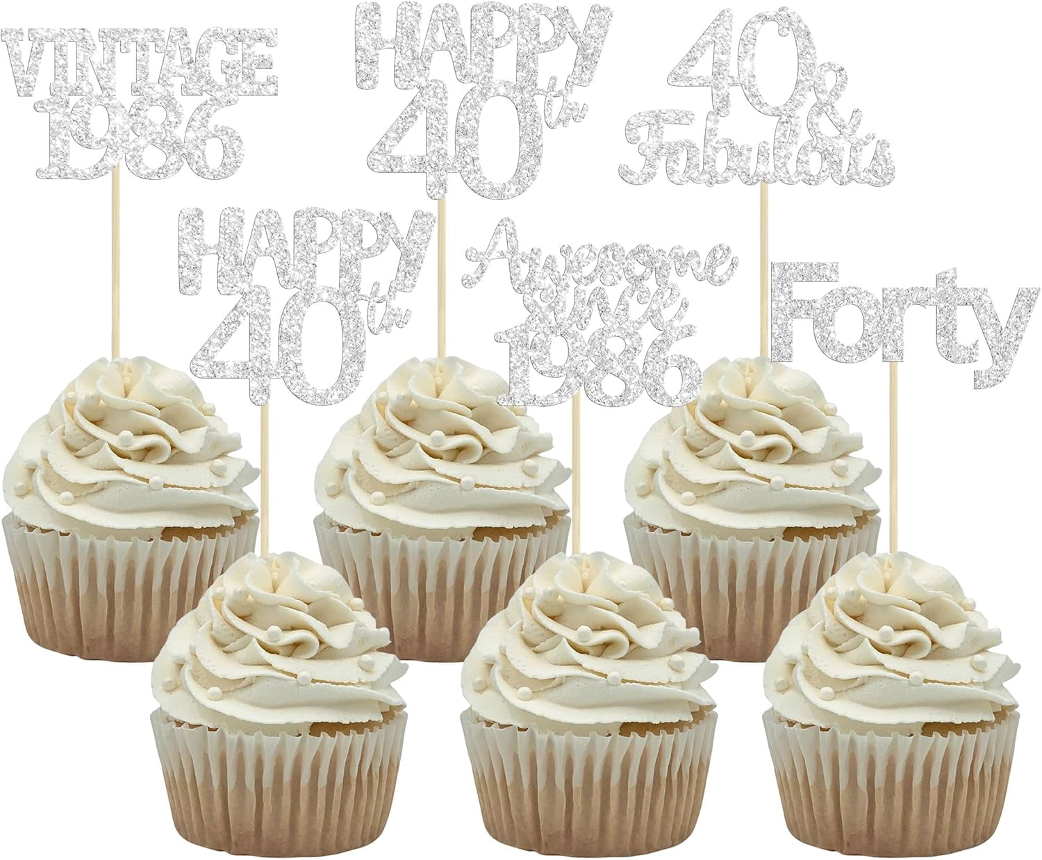 12 Pack Silver Glitter 40th Birthday Cupcake Toppers, Vintage 1986 ...