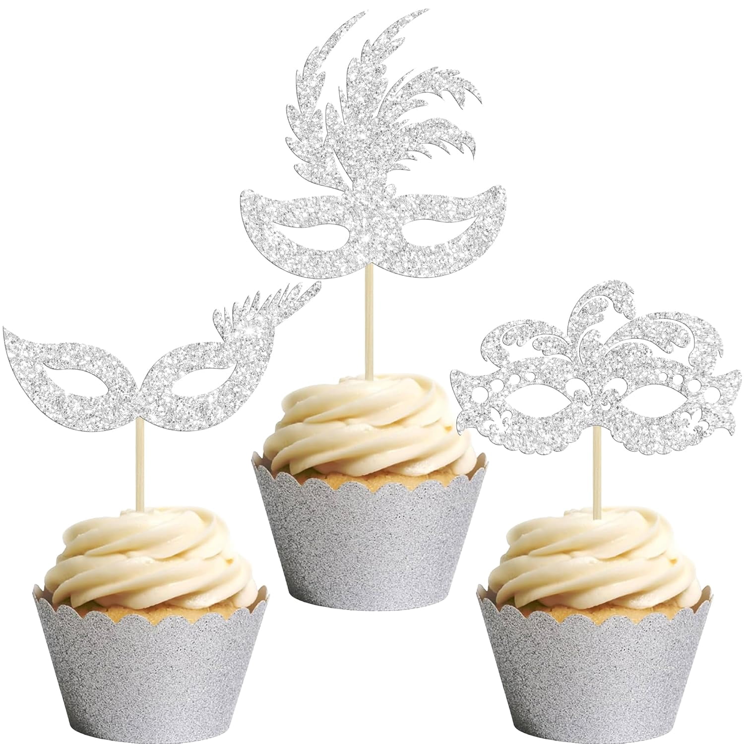 12 Pack Silver Glitter Masquerade Mask & "Mardi Gras" Cupcake Toppers ...