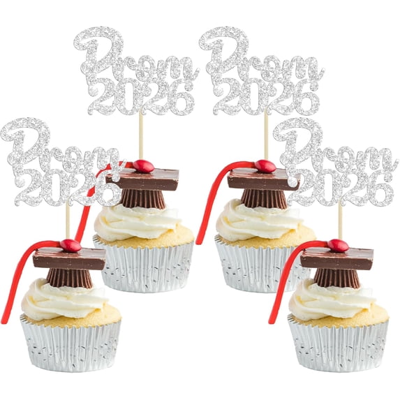 12 Pack Silver Glitter Prom 2026 Cupcake Toppers, Graduation Party Cake ...