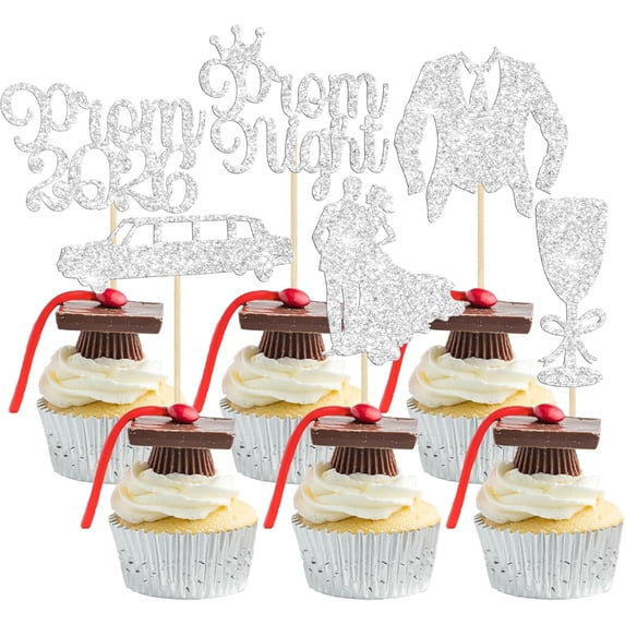 12 Pack Silver & Red Glitter Prom 2026 Cupcake Toppers, Prom Night ...