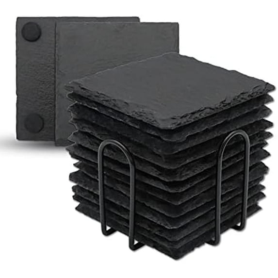 12 Pack Slate Drink Coasters with Metal Holder, 4 Inch Black Slate ...