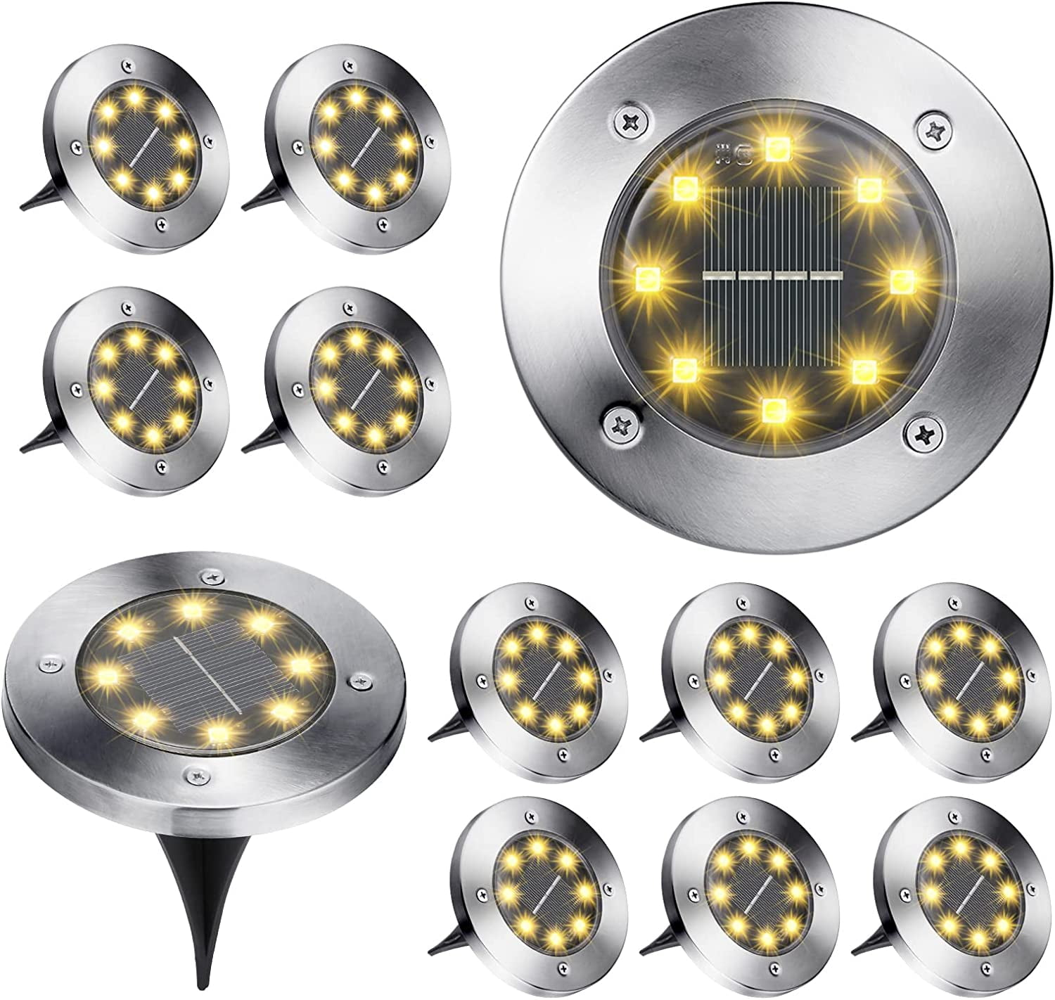 12 Pack Solar Disk Lights, 8 LED Solar Ground Lights, Outdoor Garden ...