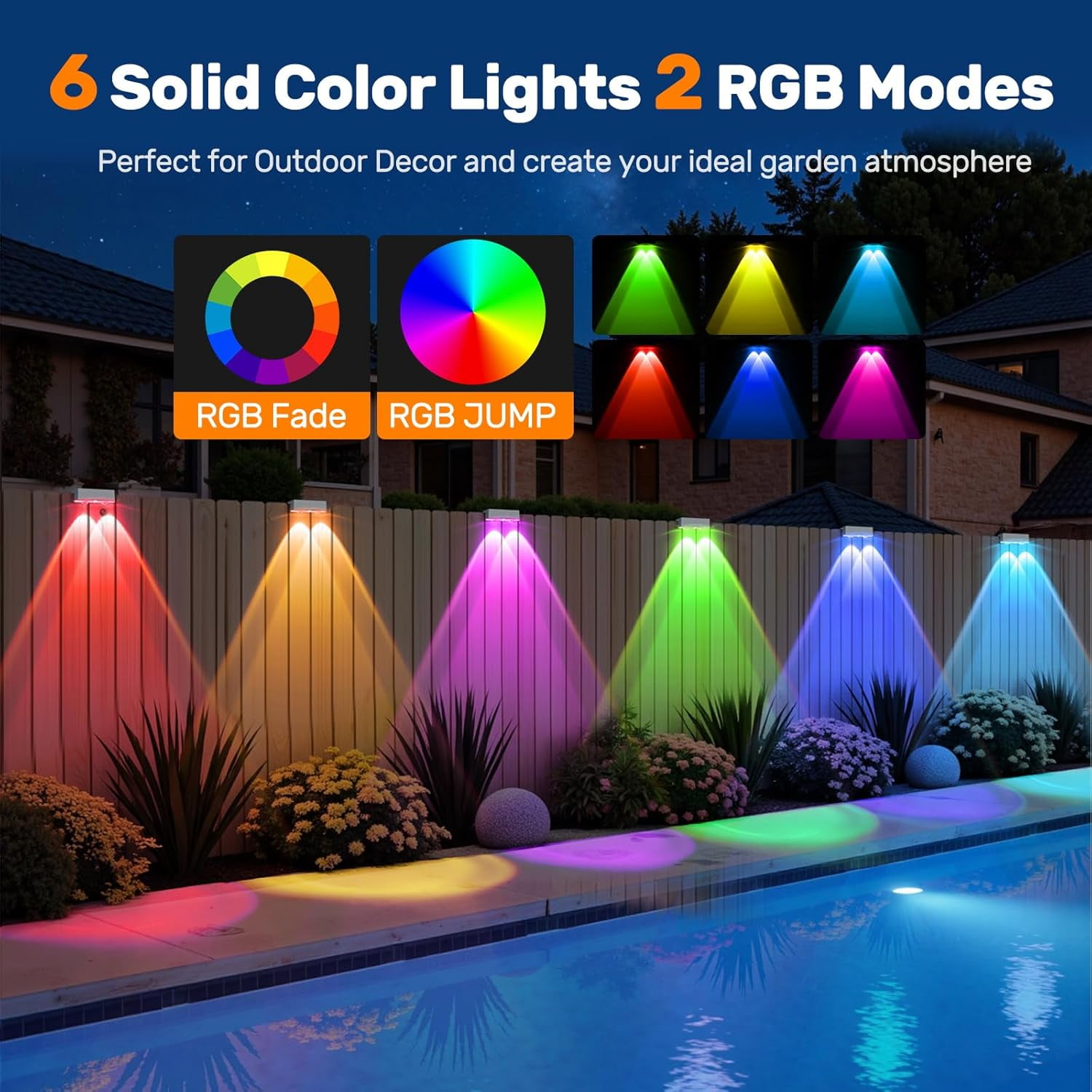 12 Pack Solar Fence Lights, LED Outdoor Lights, Warm White + RGB, IP45 ...
