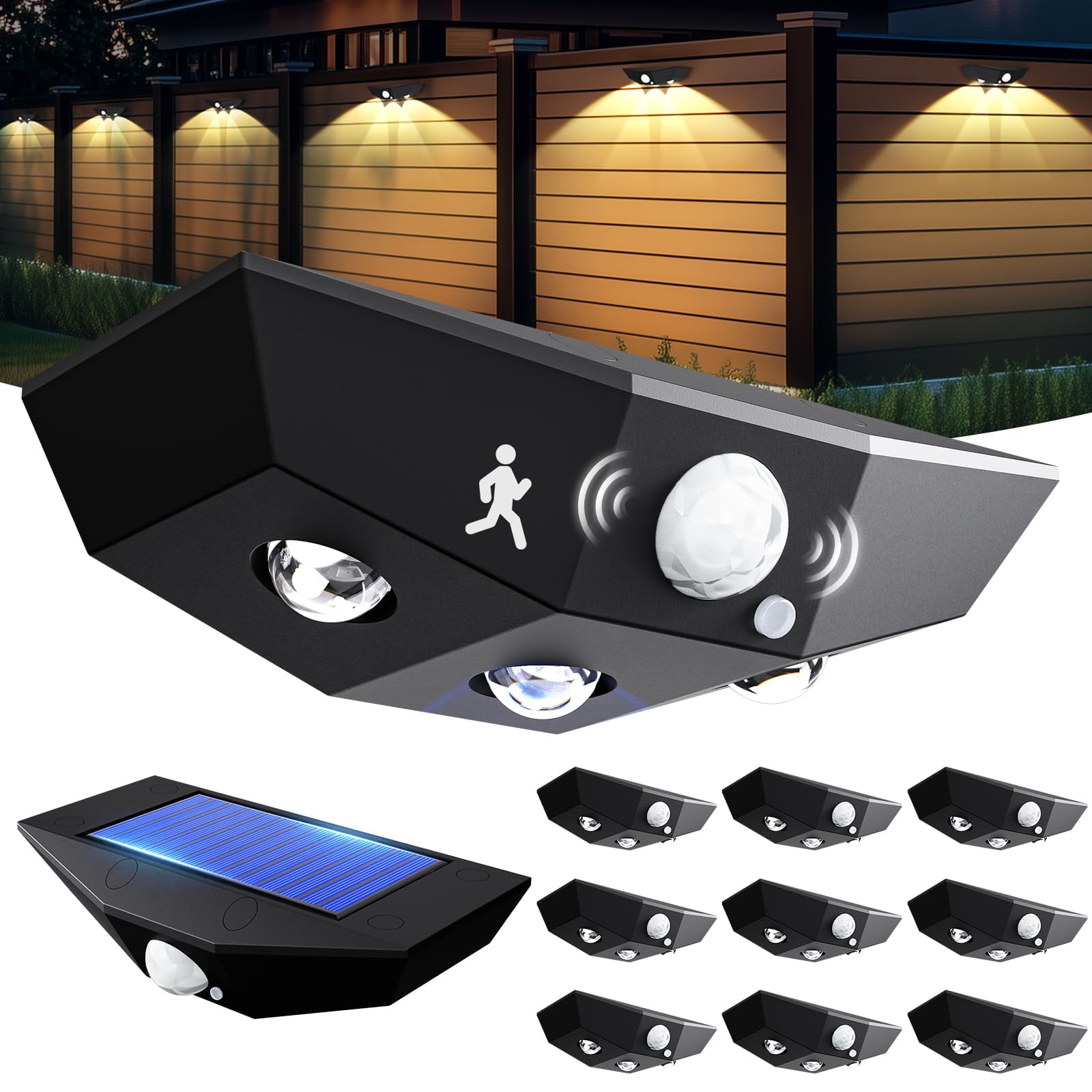 12 Pack Solar Fence Lights, Motion Sensor Outdoor with 3 Sided Lighting ...
