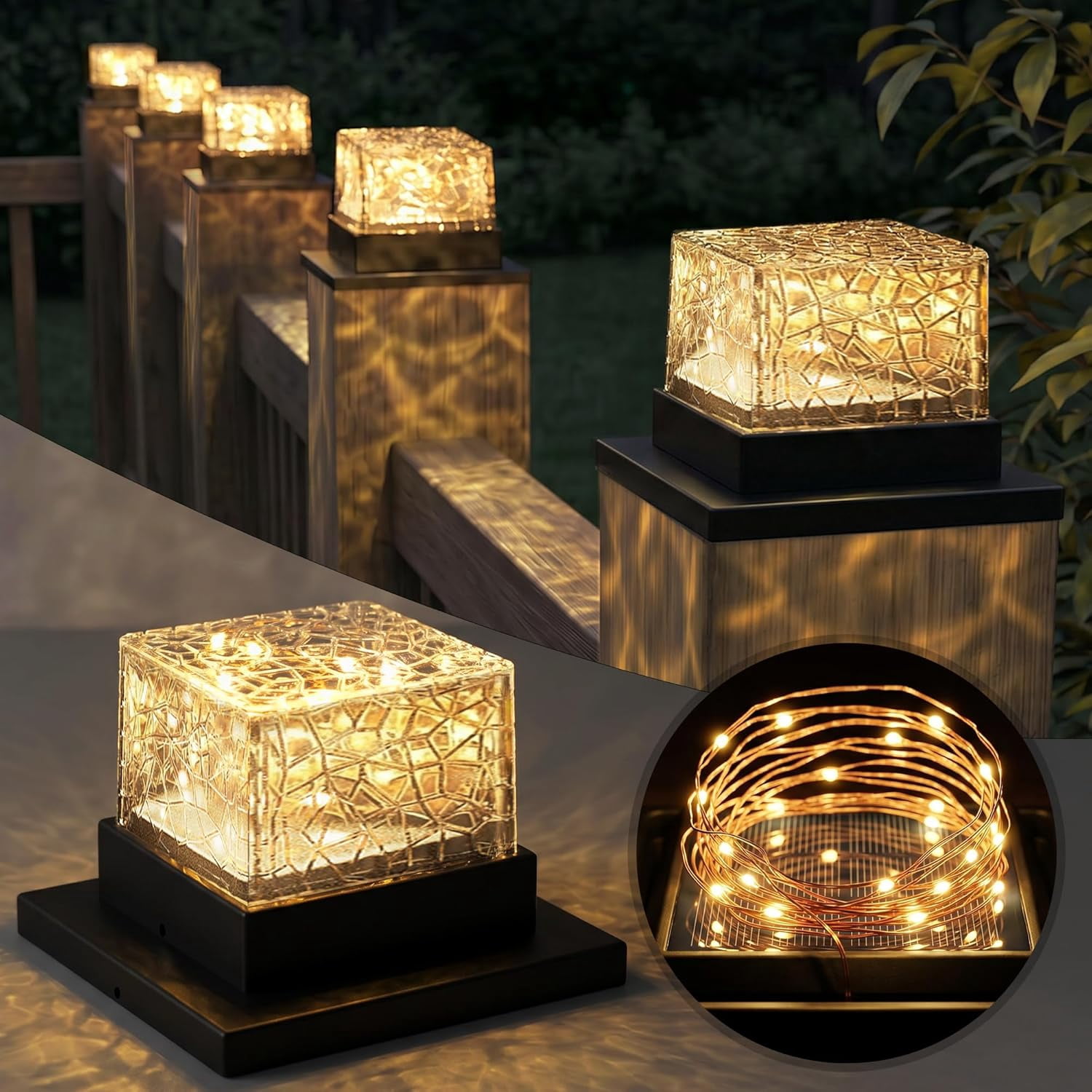 12 Pack Solar Post Cap Lights with Firefly String Lights, 2 Modes Warm ...