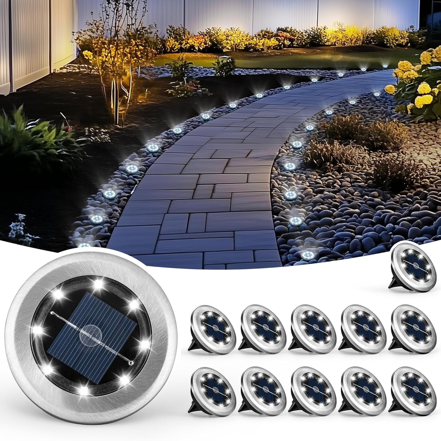 12 Pack Solar Powered Pathway Lights, Warterproof Outdoor Light for ...