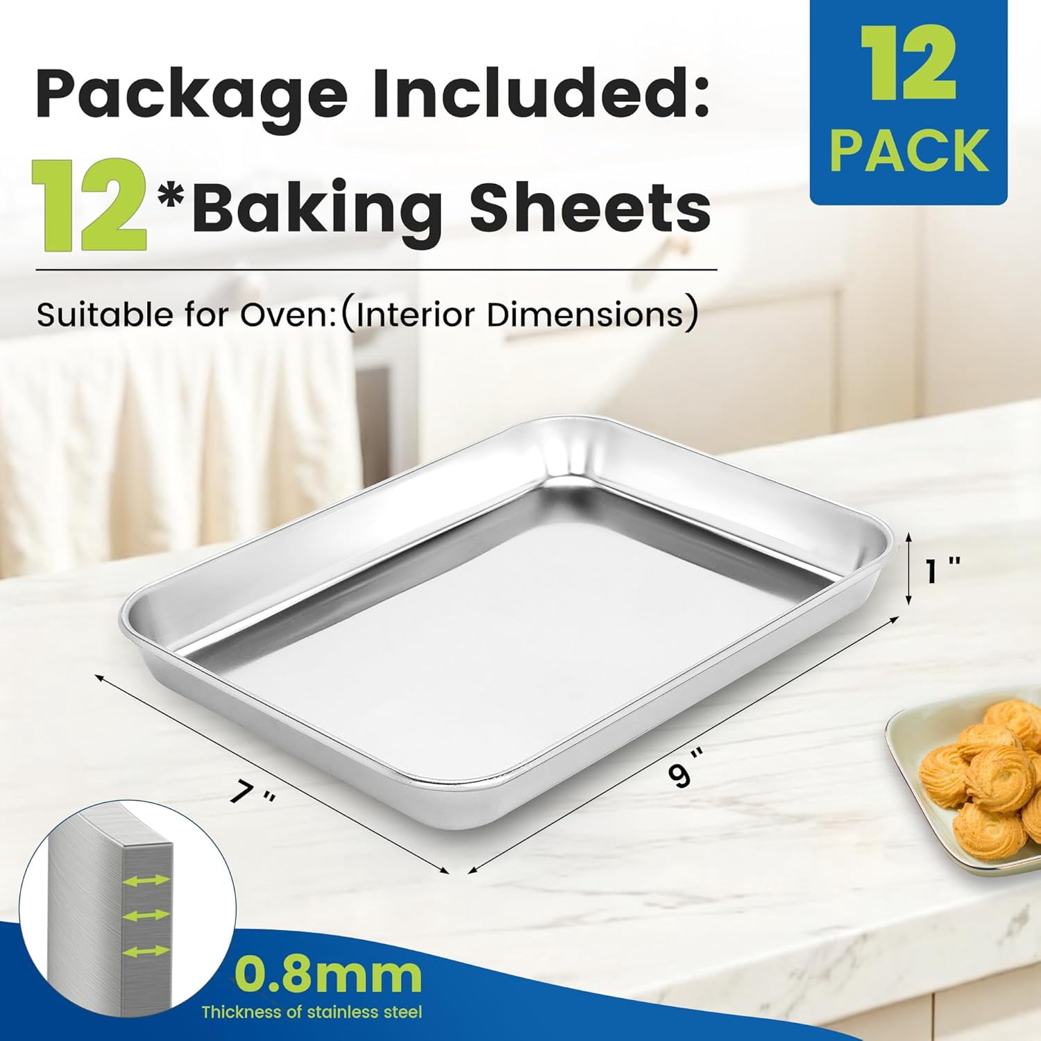 12 Pack Stainless Steel Baking Sheet Pans, 9" L × 7" W × 1" H Cookie ...