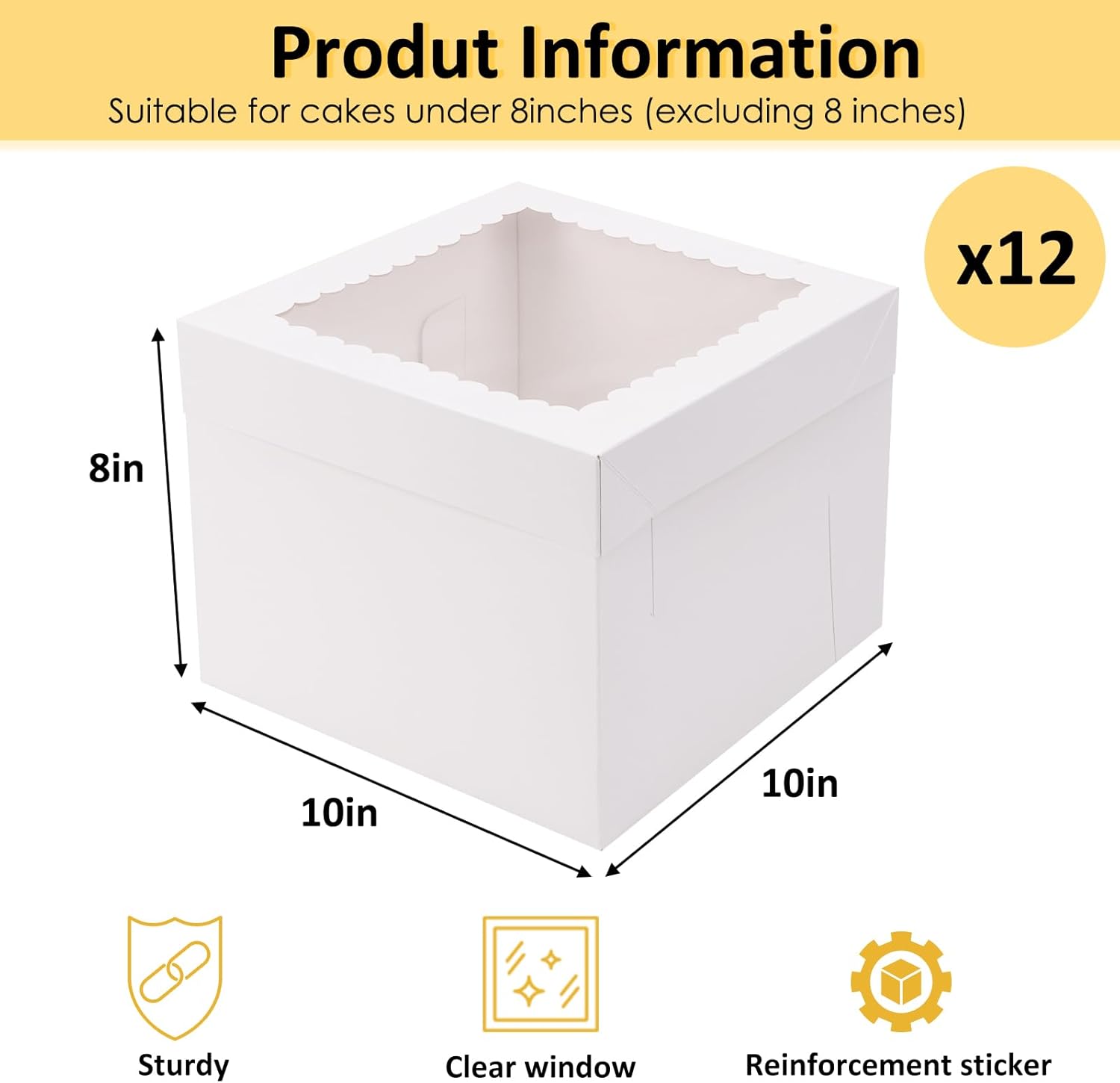 12-Pack Tall Cake Boxes 10x10x8, White Bakery Boxes with Clear Window ...