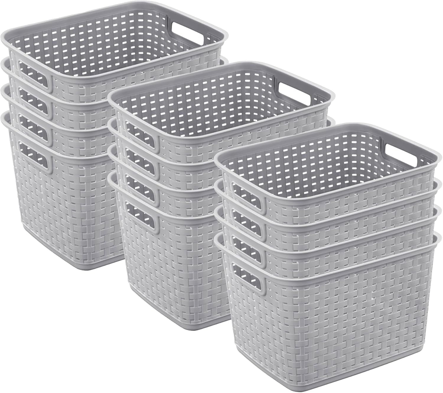 12-Pack Tall Weave Basket, Wicker-Style Plastic Open Storage Bin ...