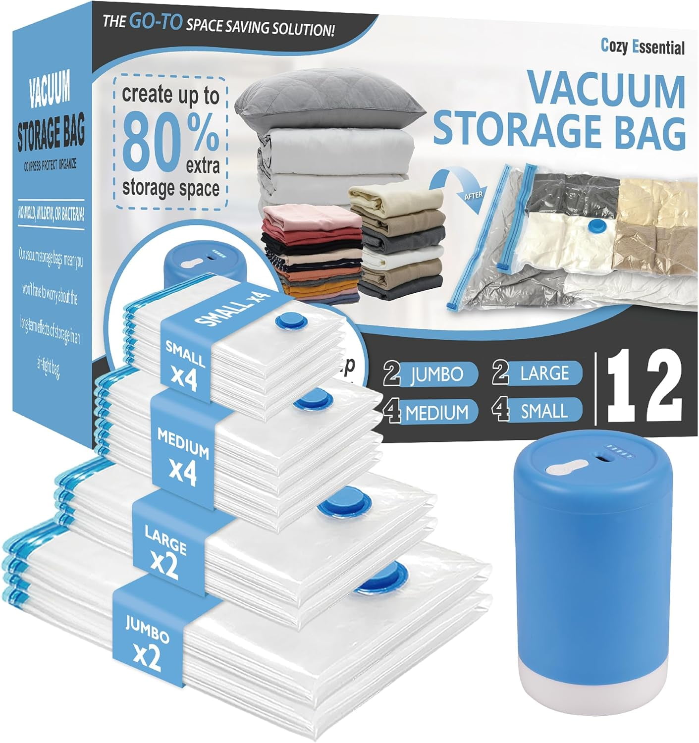 12 Pack Travel Vacuum Storage Bags with Portable Electric Pump, Vacuum ...