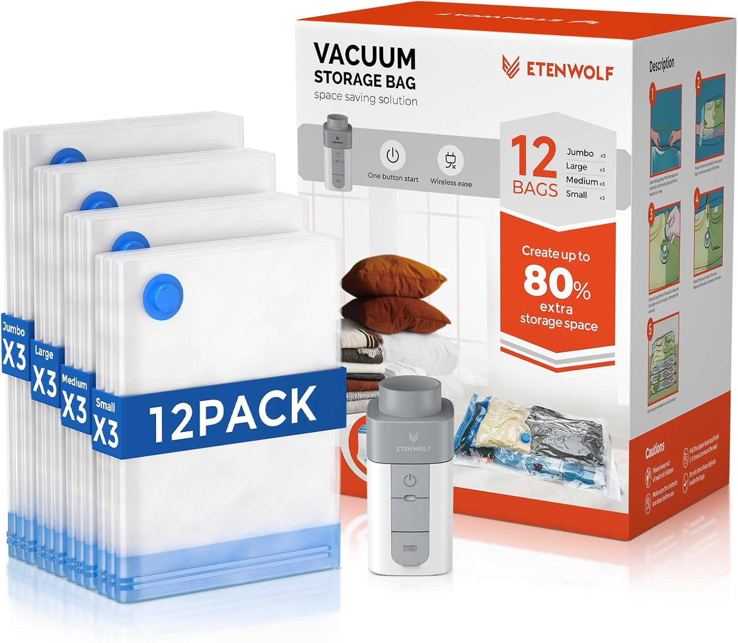 12 Pack Vacuum Storage Bags with Rechargeable Wireless Pump, Vacuum ...