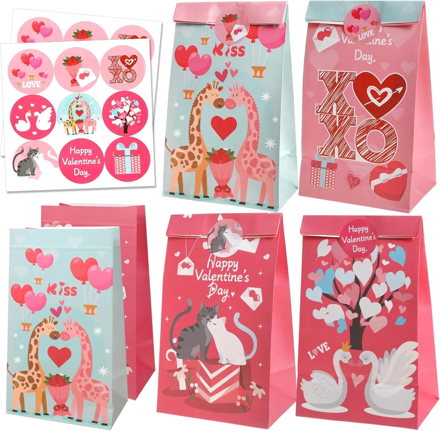 12 Pack Valentines Day Gift Bags with Love Heart Stickers, Happy ...