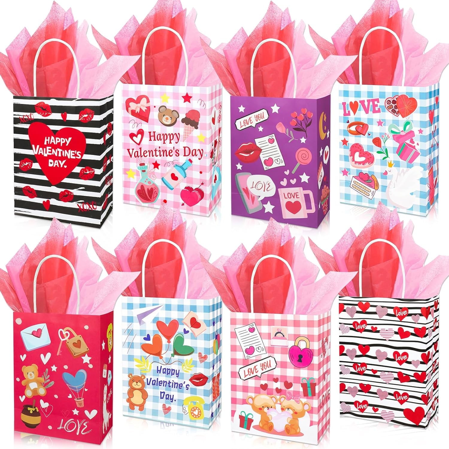 12 Pack Valentine's Day Gift Bags with Tissue Paper, Happy Valentine's ...