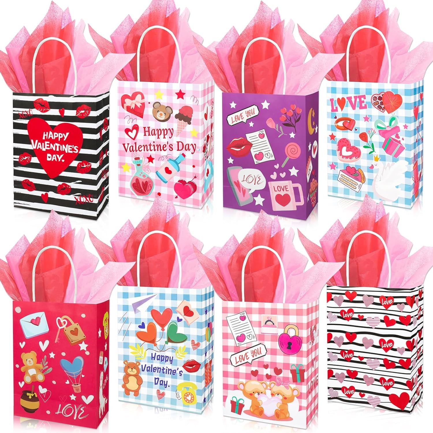 12 Pack Valentine's Day Gift Bags with Tissue Paper, Paper Gift Bags ...
