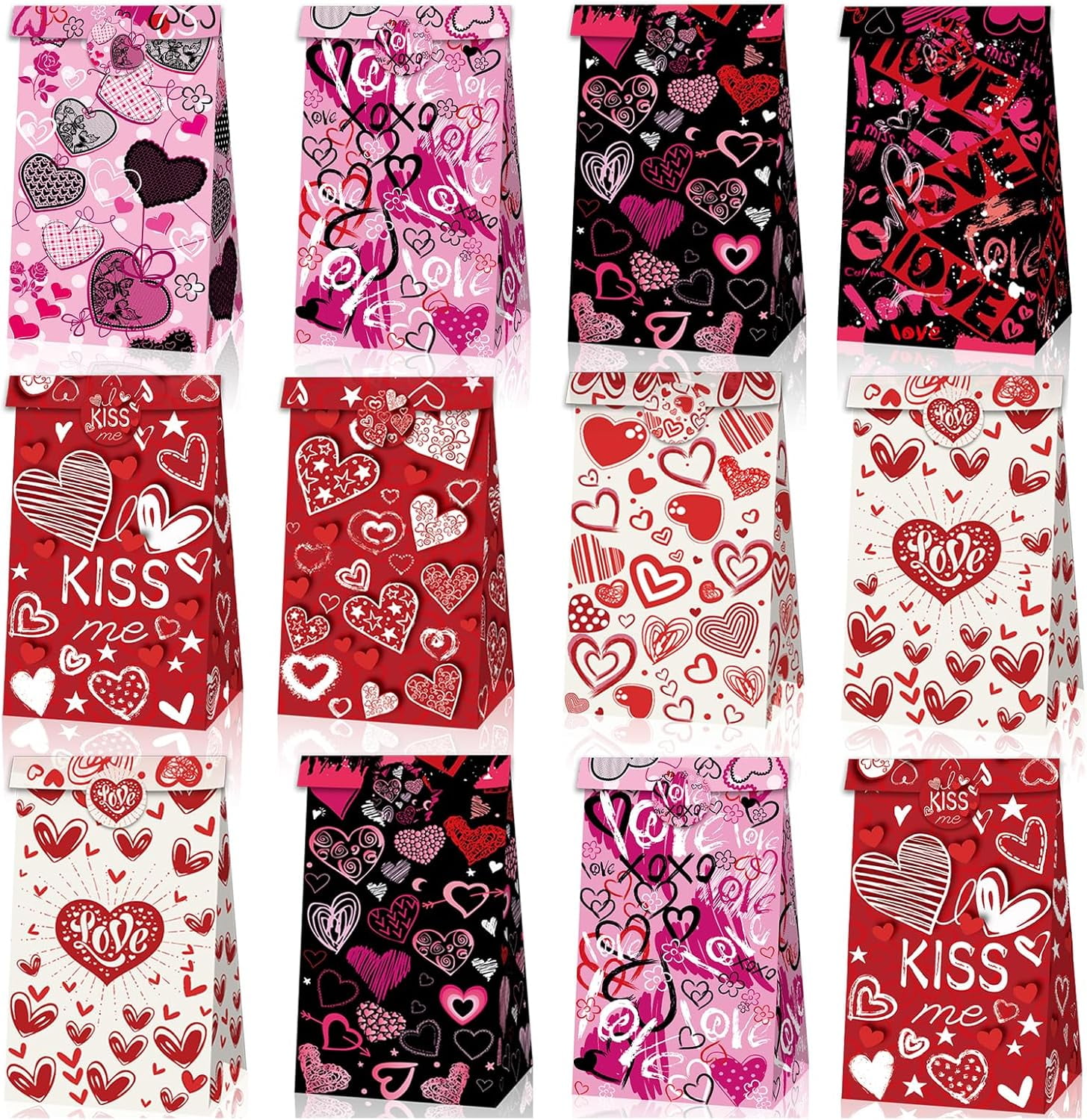 12 Pack Valentines Day Gift Bags, Love Hearts Valentine Treat Bags with ...