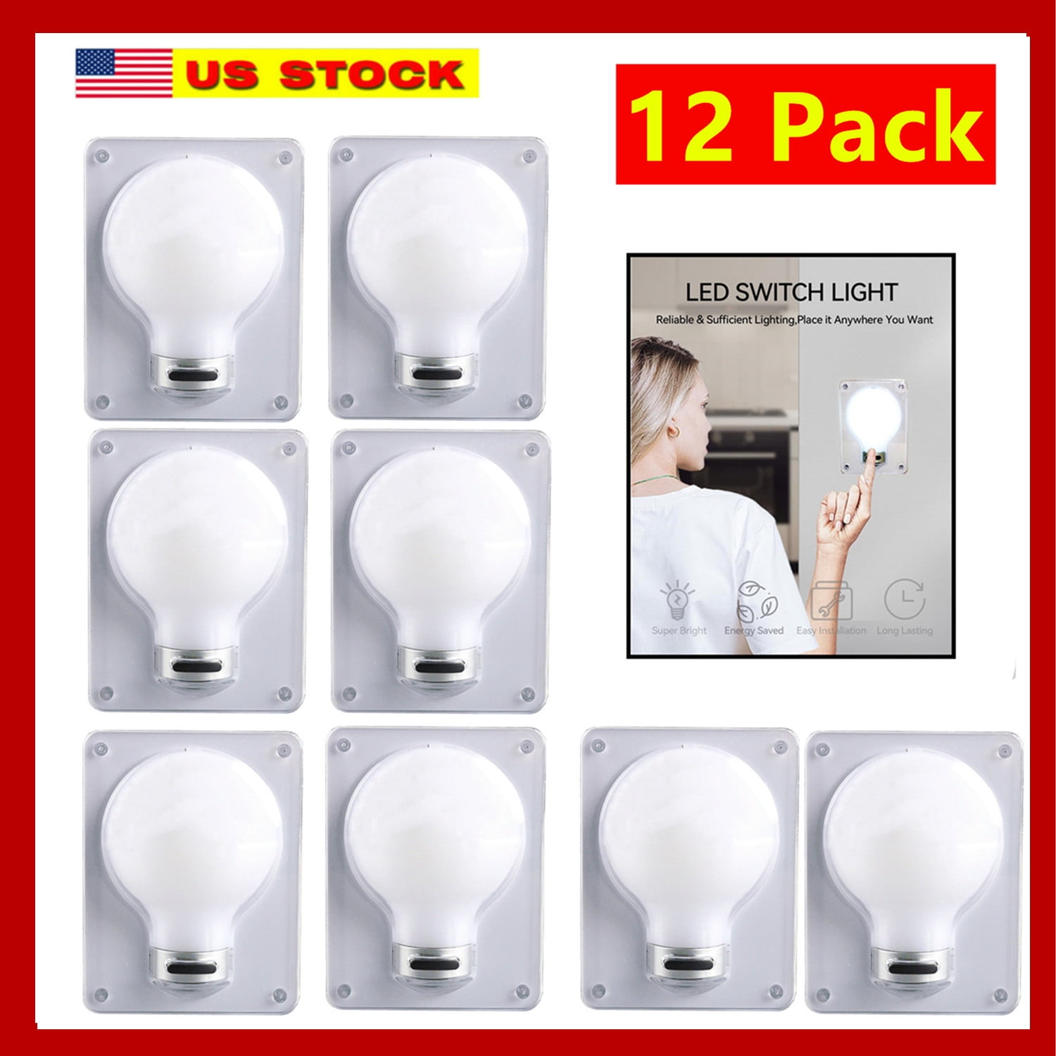 12 Pack Wall LED Light Switch Wireless Night Bulb Closet Self Stick ...