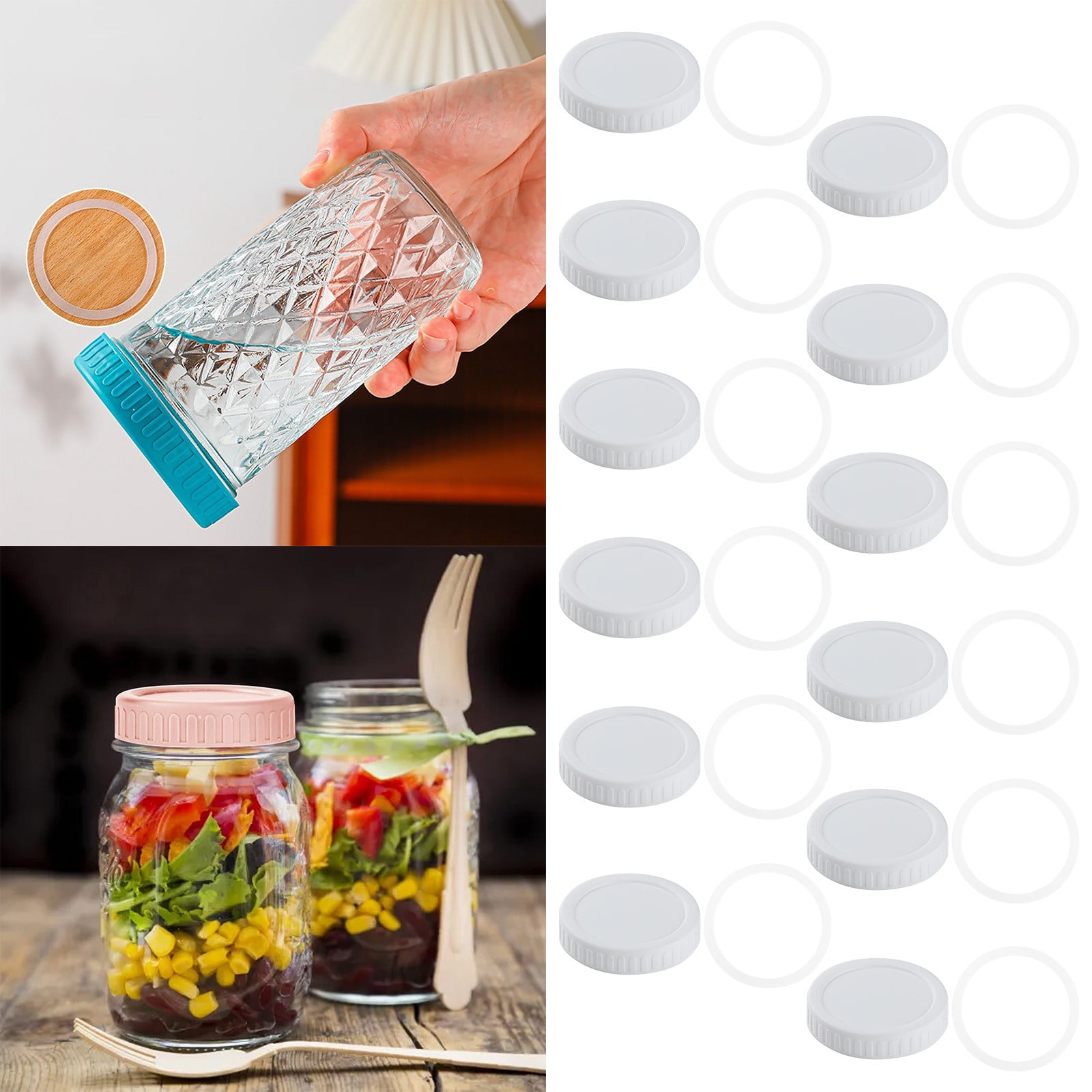 12-Pack-White 86mm Mason Jar Lids with 86 Mat- Leakproof,Plastic ...