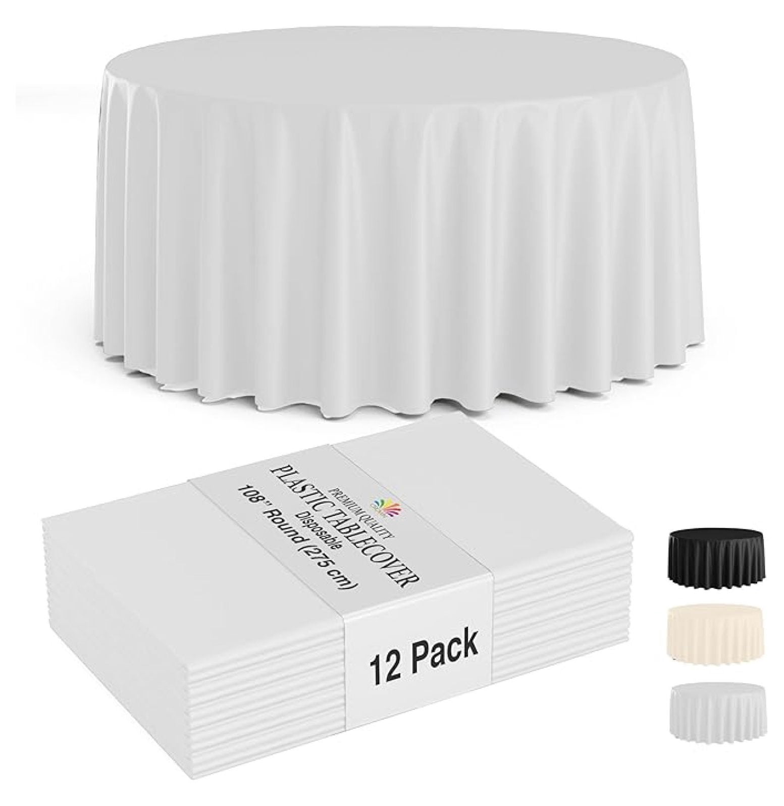 12-Pack White Round Plastic Tablecloth Disposable – Size: 108 Inches ...