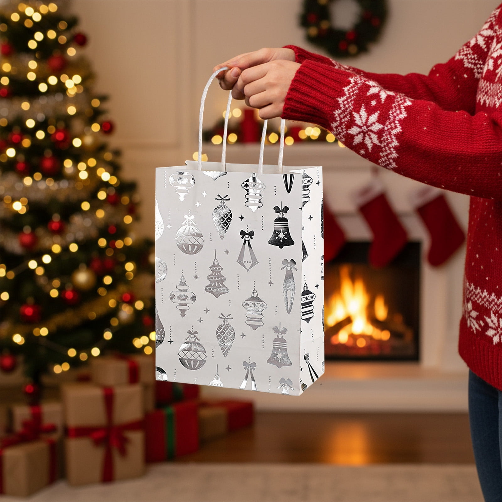 12 Pack White and Silver Christmas Gift Bags 8.27x5.91 Inches with ...