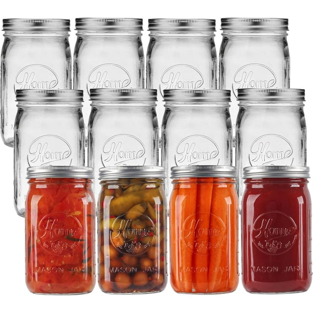 12 Pack Wide Mouth Mason Jars 32 oz - Heavy Duty Glass Quart Mason Jars With Airtight Lids for ...