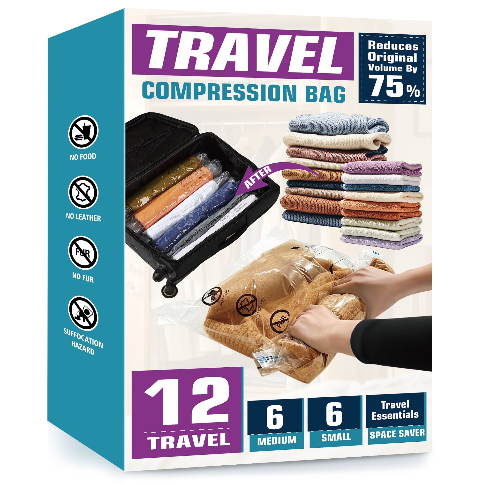 AGALI Compression Bags for Travel 12 Pack Vacuum Space Saver Zipper ...