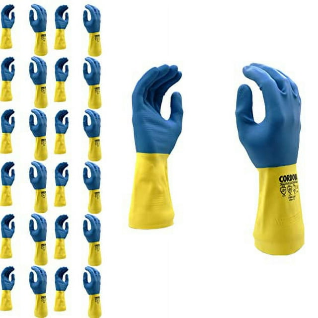 12-Pack of Cordova 4309 Blue/Yellow Work Gloves, Neoprene On Latex ...