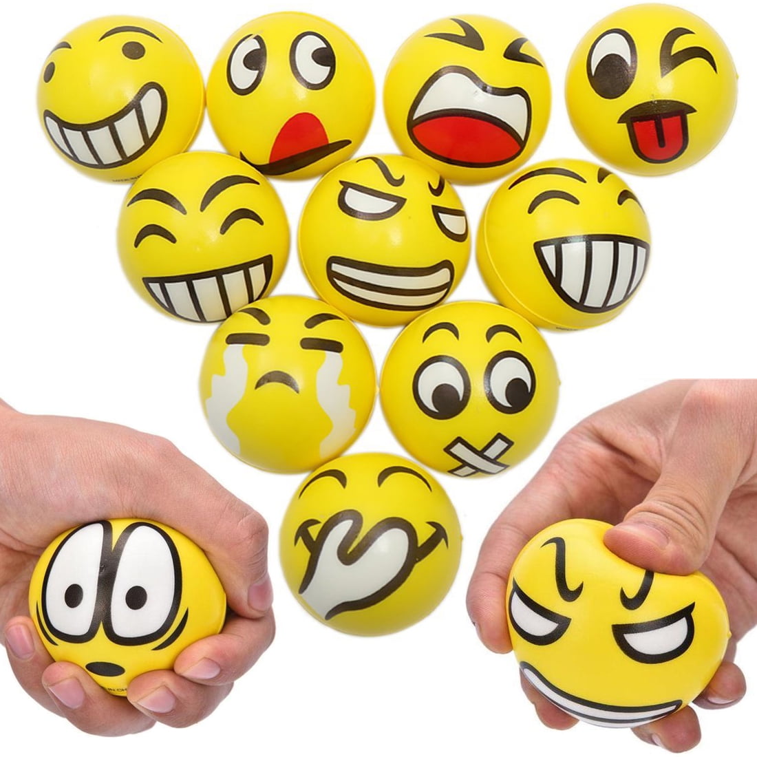 12 Pack of Emoji Smiley Face Stress Balls - Yellow 2.4 Inch Assorted ...