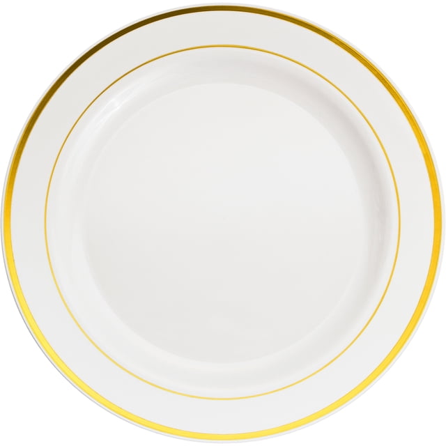 12 Packs: 10 ct. (120 total) 10.3" Round Banquet Plates with Gold Trim ...