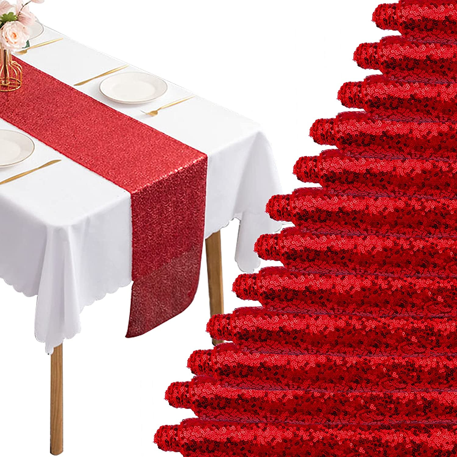 12 Packs 12 X 108 Inch Red Sequin Table Runner Glitter Dining Table ...