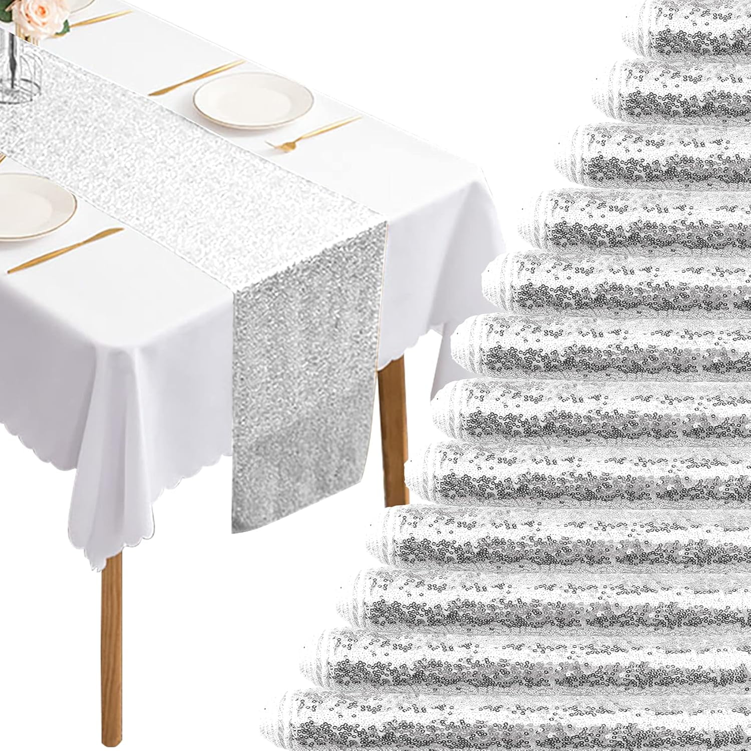 12 Packs 12 X 72 Inch Silver Sequin Table Runner Glitter Dining Table Runner for Birthday ...