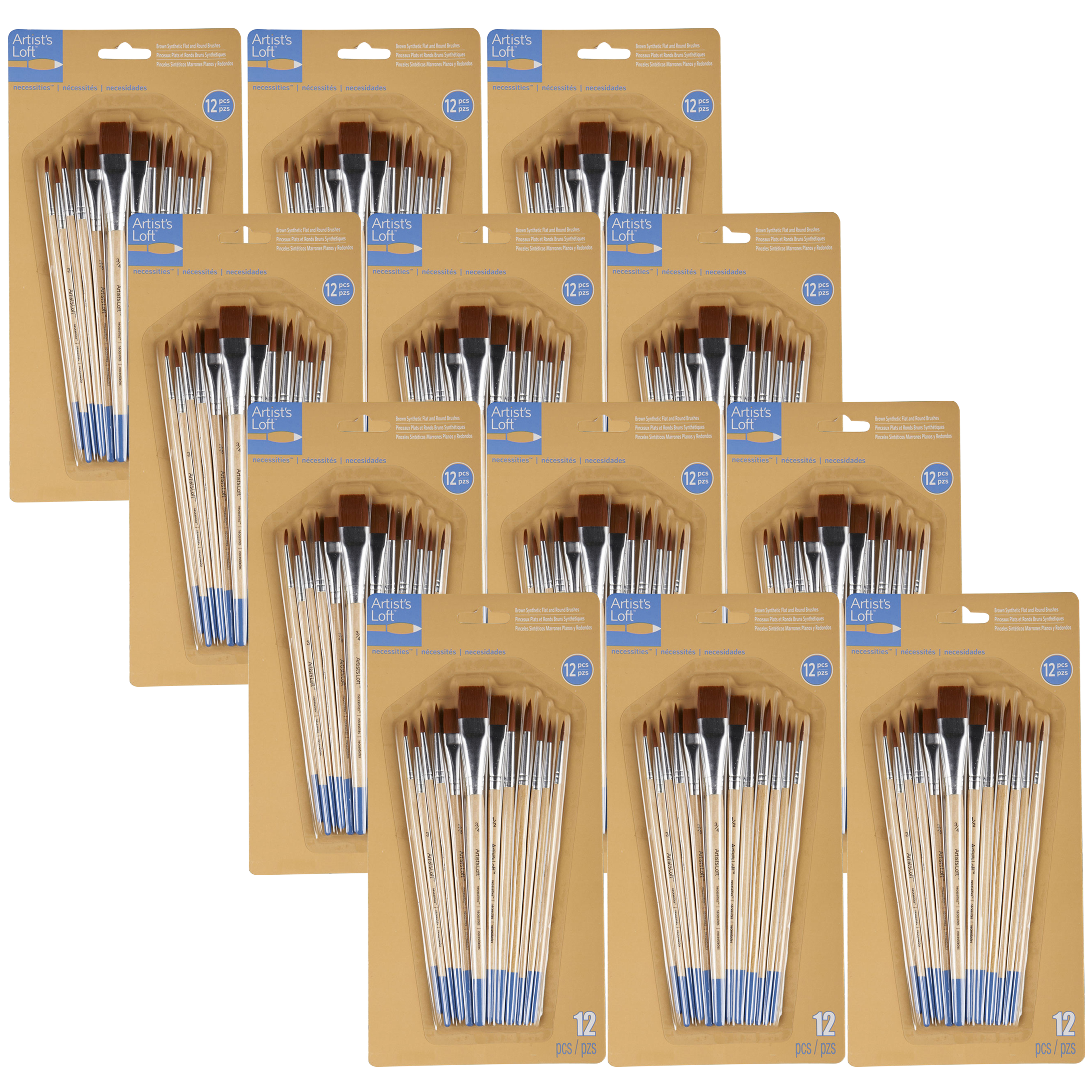 12 Packs: 12 ct. (144 total) Necessities™ Brown Synthetic Flat & Round ...