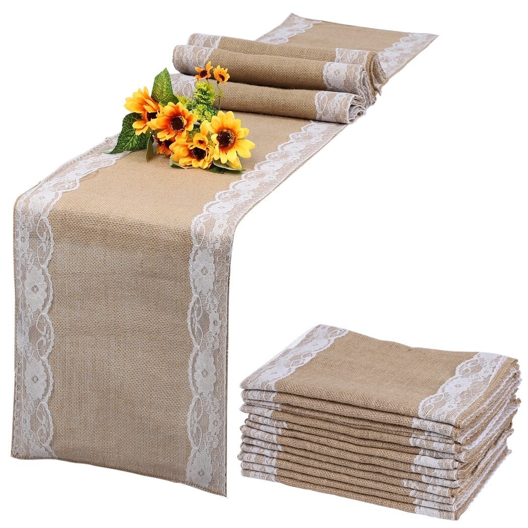 12 Packs Burlap Wedding Table Runners with White Lace, Farmhouse ...
