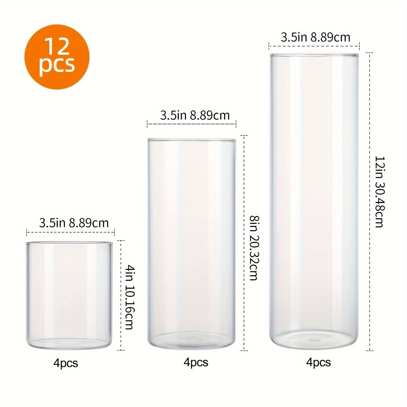 12 Packs Glass Cylinder Vase, 3.5x4in, 3.5x8in, 3.5x12In Tall Clear ...