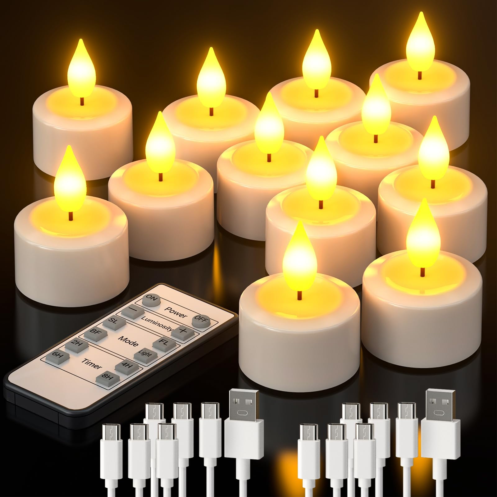 12 Packs Rechargeable Tea Lights with Remote Timer - Flickering ...