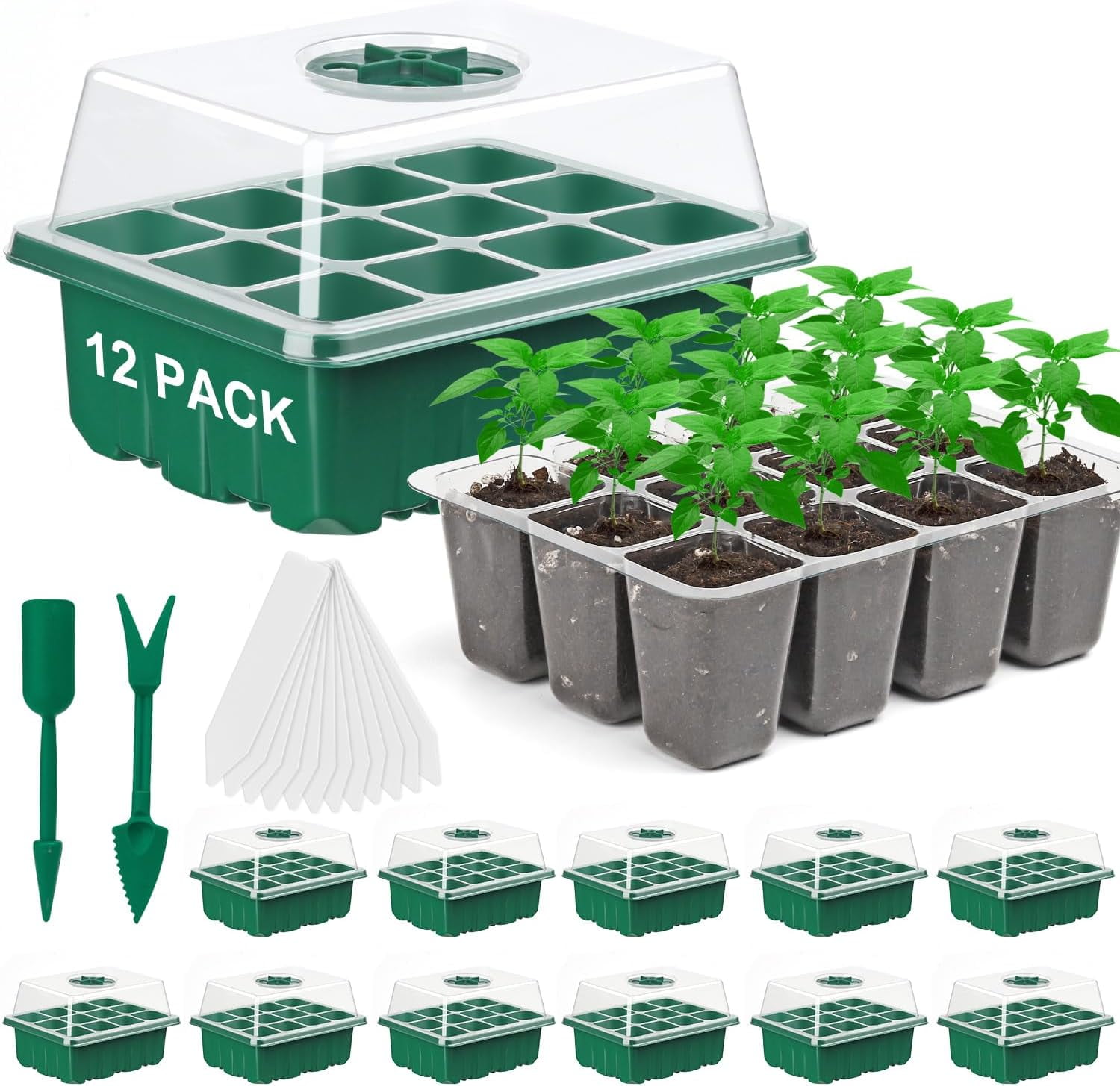 12-Packs Seed Starter Tray Kit (144 Cells Total Tray), with Humidity Adjustable Dome, for Seeds ...