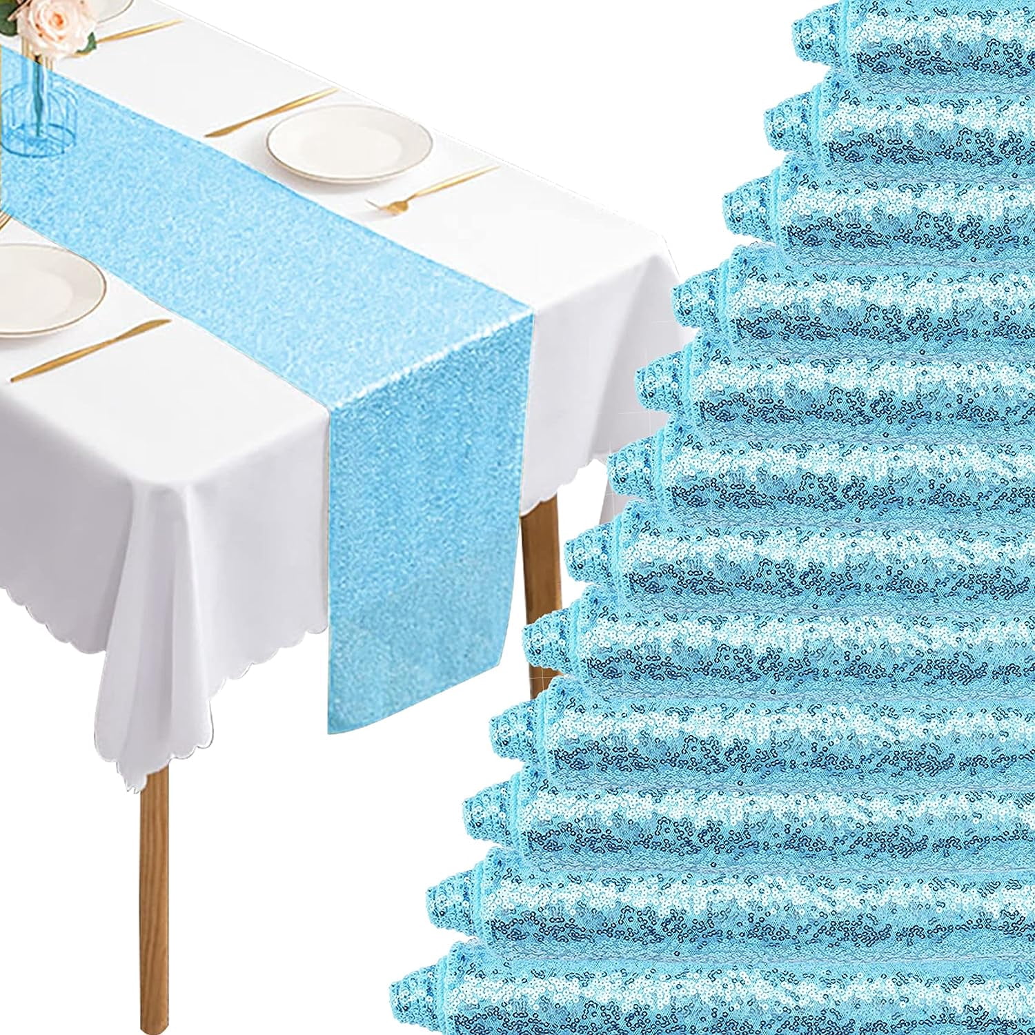 12 Packs Sequin Table Runner Baby Blue 12 X 108 Inch Glitter Dining ...