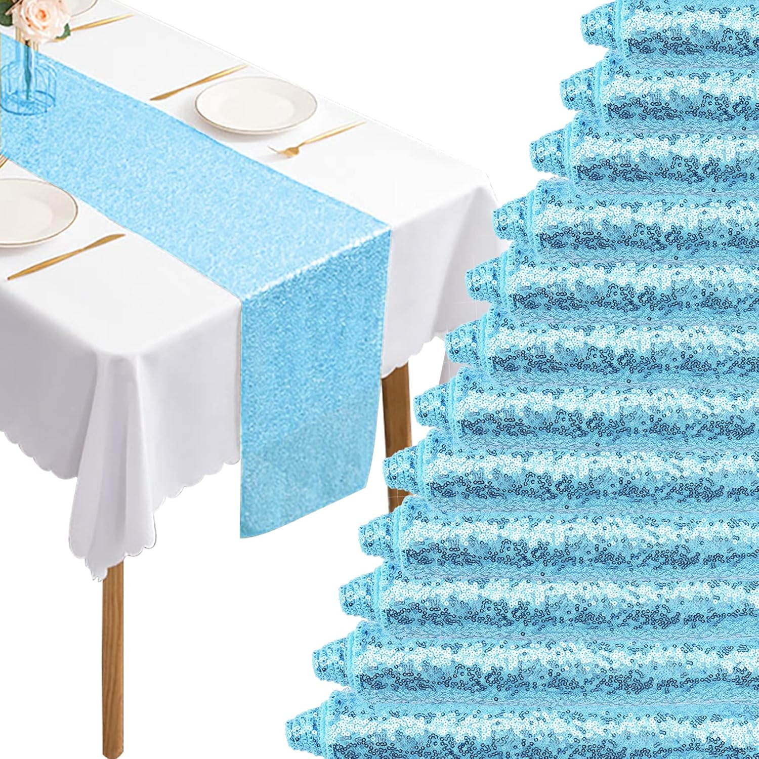 12 Packs Sequin Table Runner Baby Blue 12 X 108 Inch Glitter Dining ...