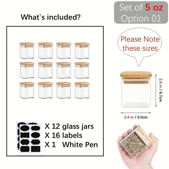 12 Packs Spice Glass Jars Set with Labels, 5oz/7oz/9oz Square Spice ...