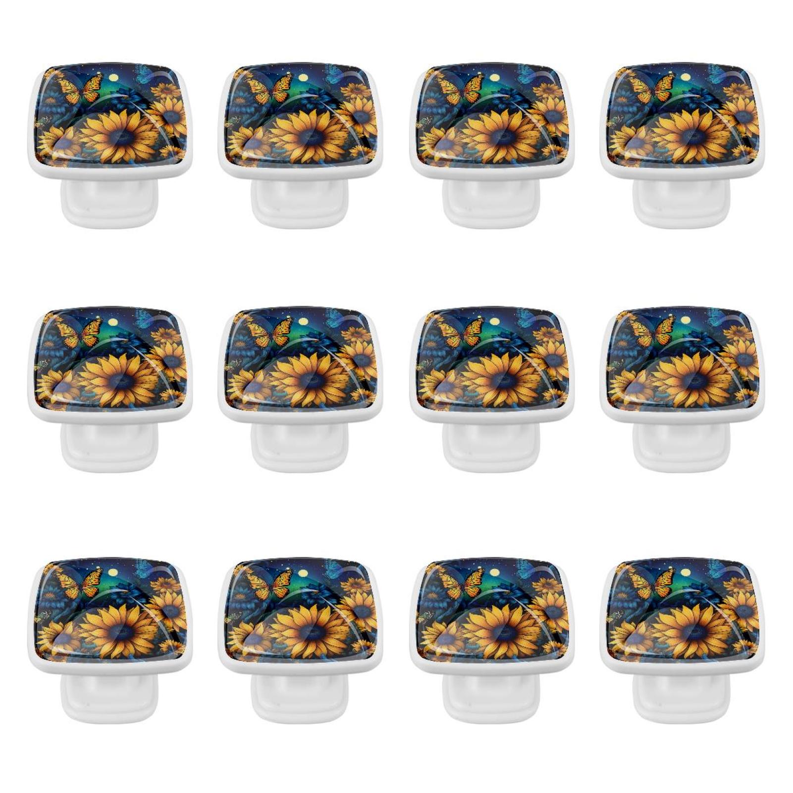 12 Packs Starry Night Sunflower Butterfly Cabinet Knobs- Pull Hardware Handle, Square Drawer ...