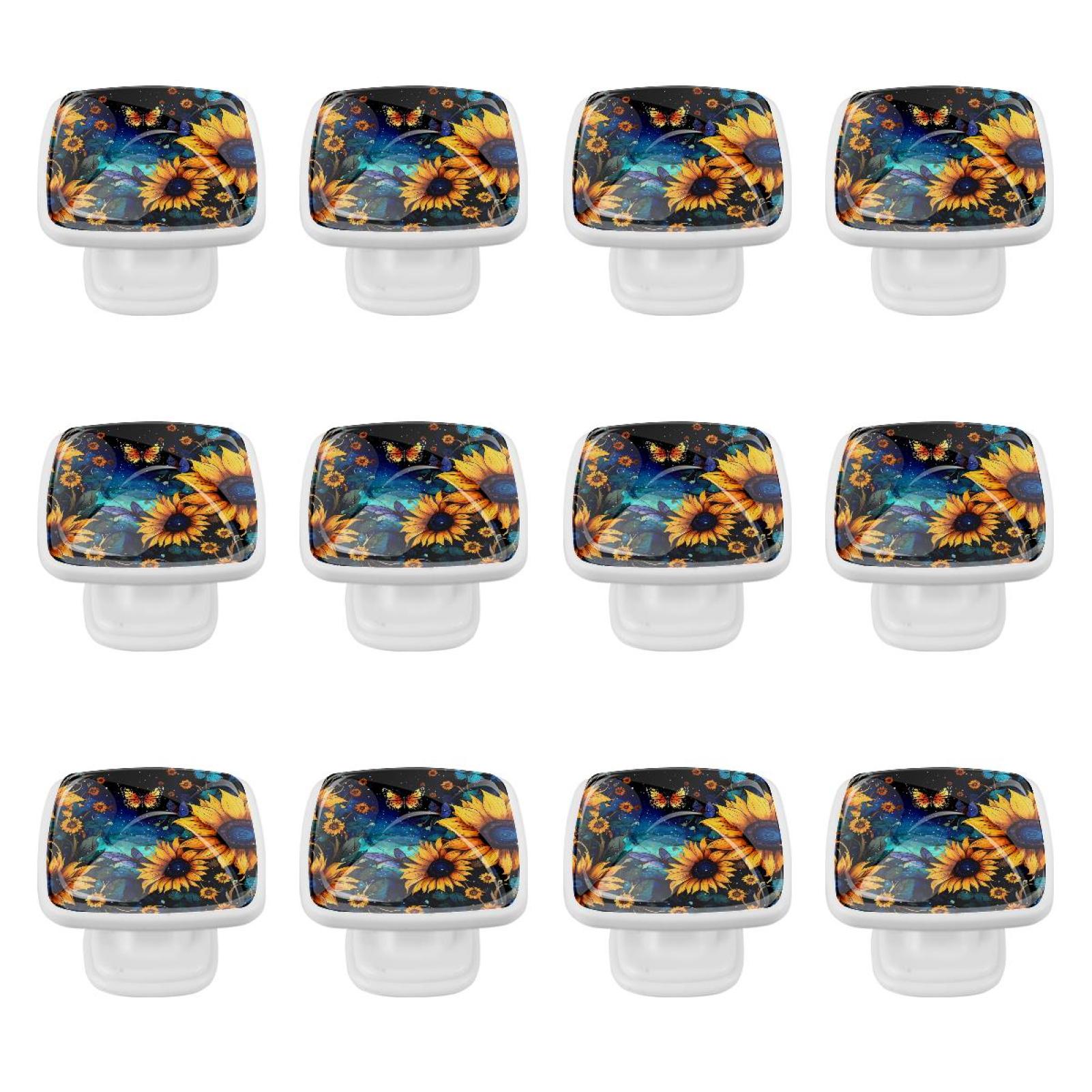 12 Packs Starry Night Sunflower Butterfly Cabinet Knobs- Pull Hardware Handle, Square Drawer ...
