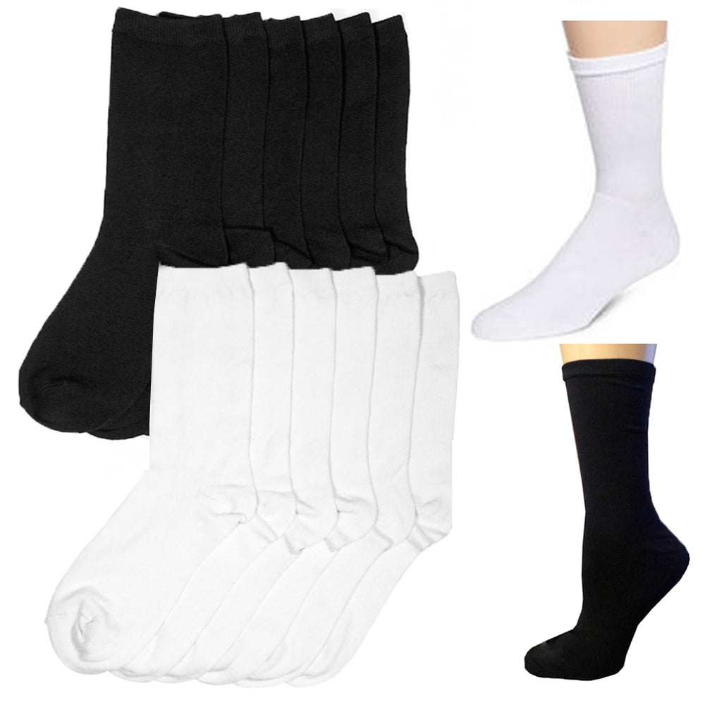 12 Pair Solid Crew Socks Basic White Black Casual Unisex Wear Knocker ...