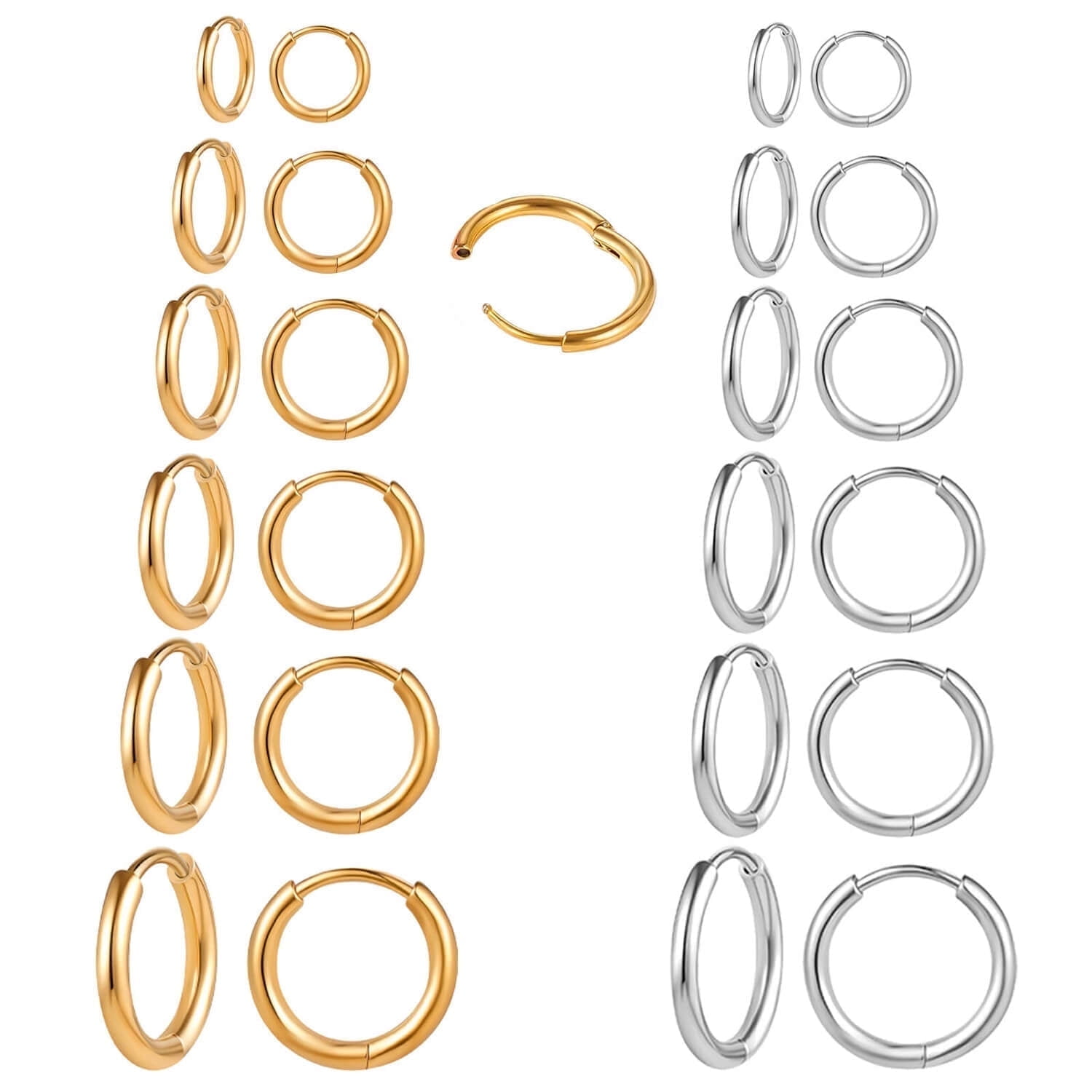 12 Pairs Adults 316L Surgical Stainless Steel Huggie Hoop Earrings 6mm ...