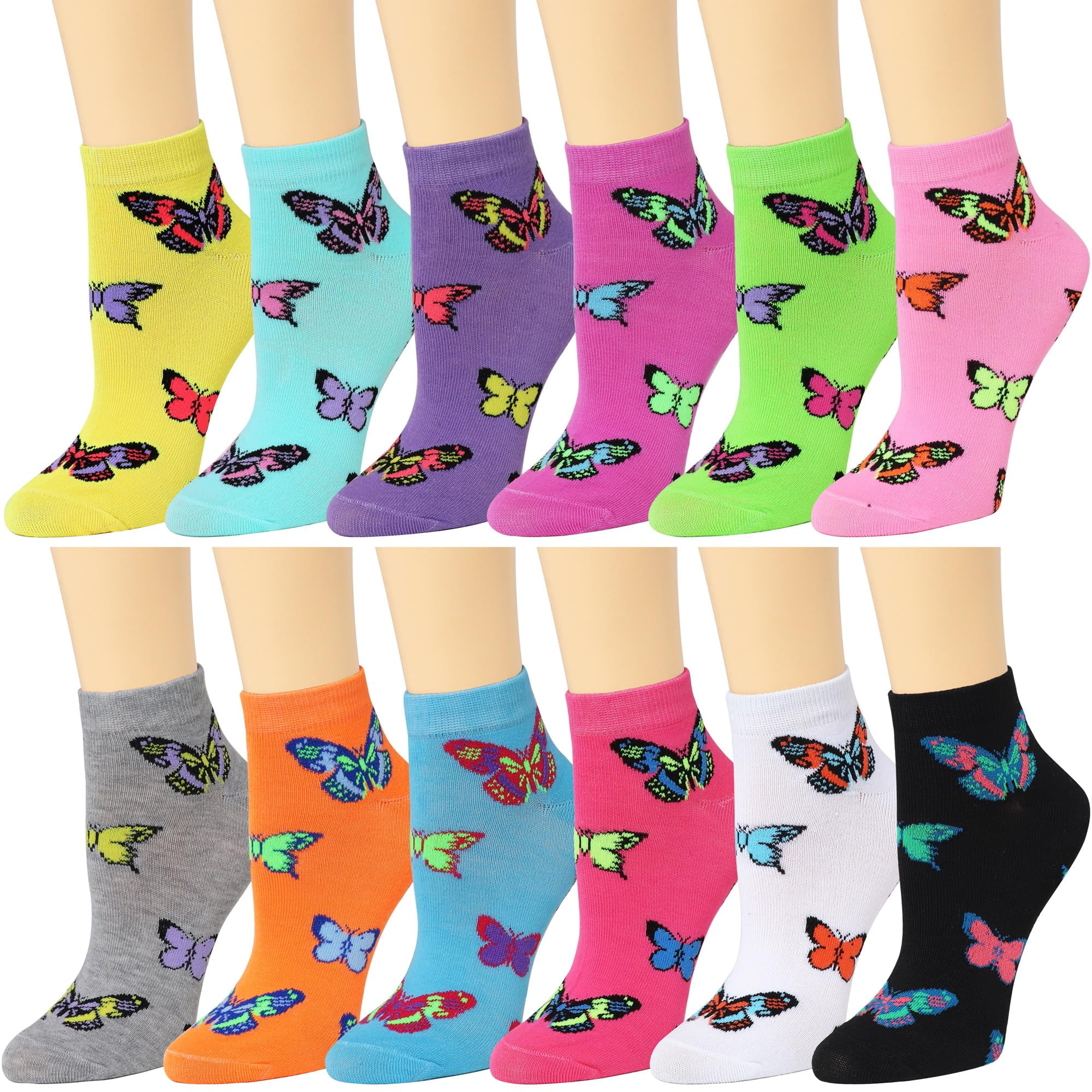 12 Pairs Assorted Colors Women Novelty Ankle Socks - Butterfly 2 ...