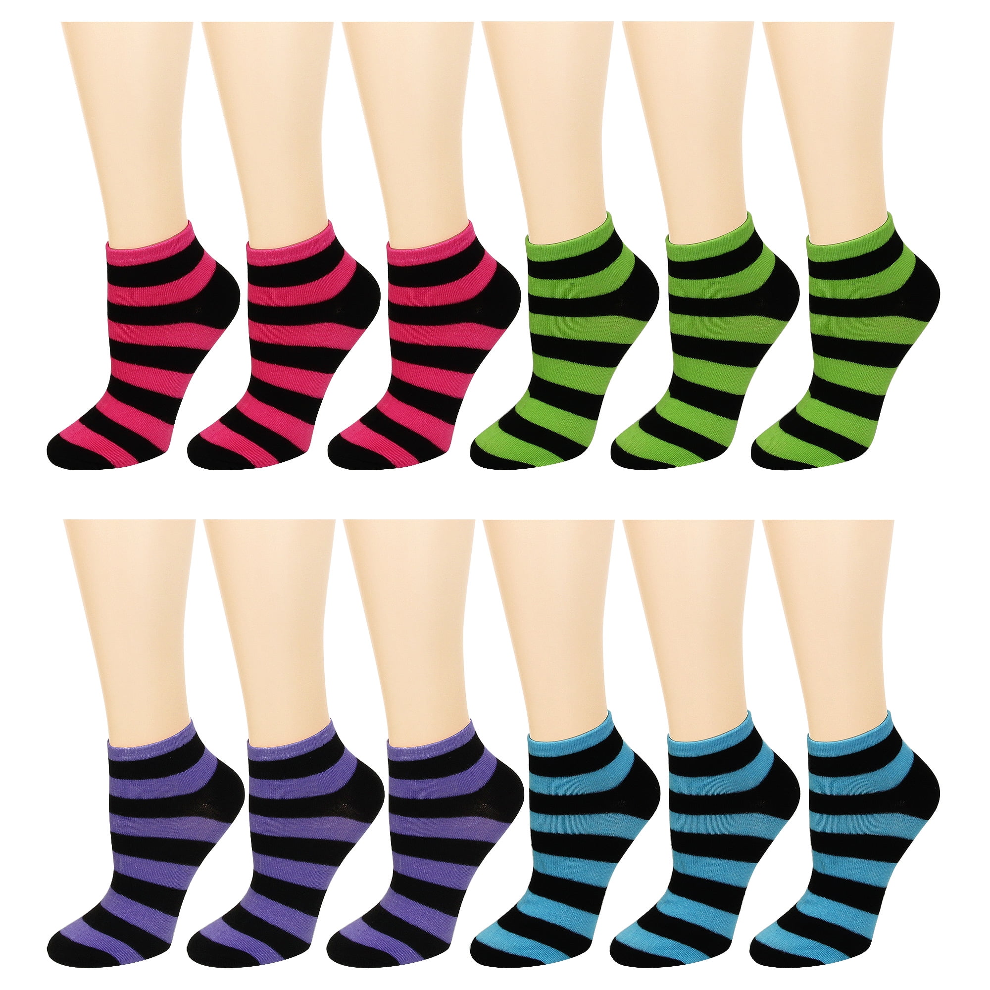 12 Pairs Assorted Colors Women's Ankle Socks Size 9-11 Striped ...