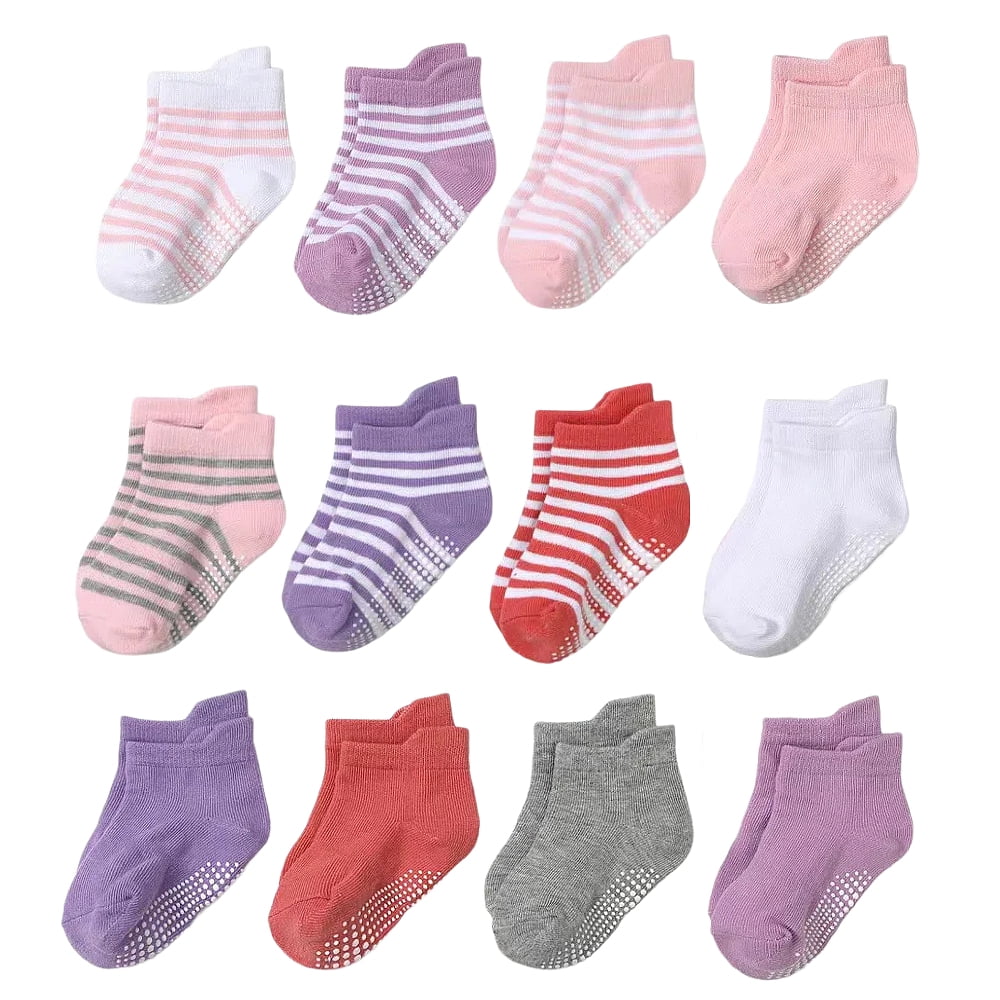 12 Pairs Toddler Non Slip Socks Cotton Ankle Socks with Grips for 0.5-5 ...