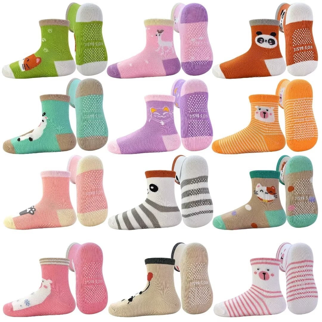 12 Pairs Baby Toddlers Girls Socks Non Slip Crew Kids Socks with Grips ...